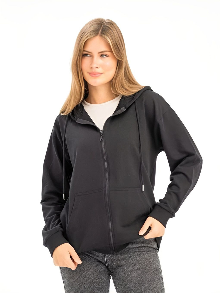 Толстовка Женский Instreet Капюшон, Карманы черный Молния Футер двухнитка, размер 48 оверсайз ...