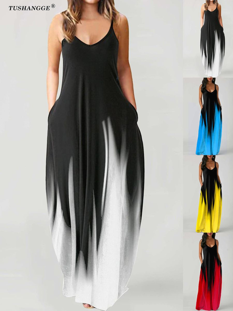 Сарафан Женский TUSHANGGE серый платье-лапша, с открытыми плечами Офисный/школьный Без рукавов ...