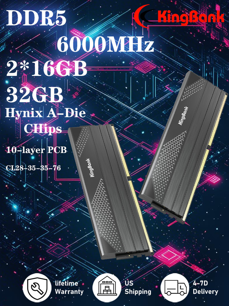 KingBank Модуль памяти Dark Star Blade DDR5 UDIMM 6000MHz 2x16GB Dark Heatsink (Hynix A-die C28 ...