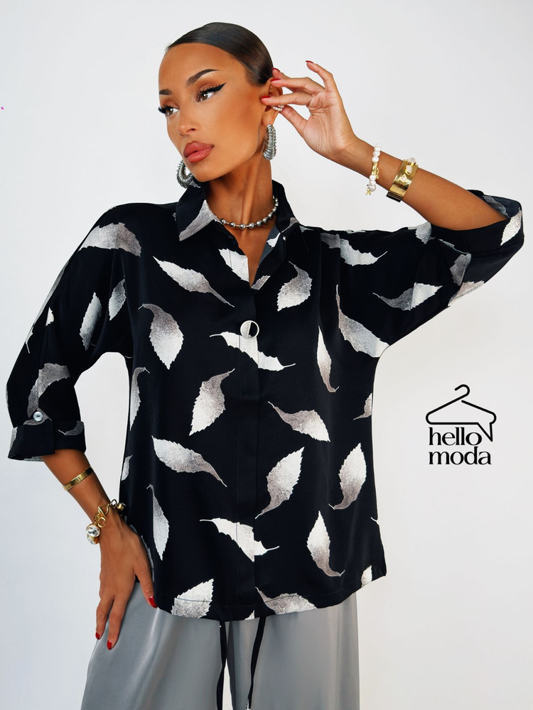 Блузка Женский HELLO MODA! черный, серый Полиэстер Три четверти Абстракция, размер 64 Шнурок ...