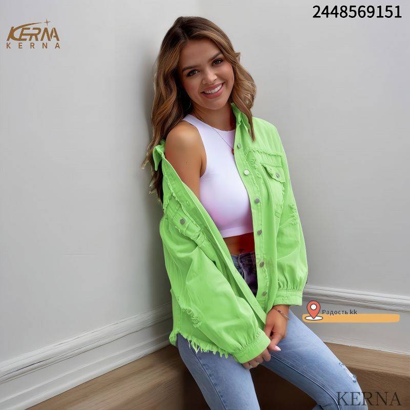 Куртка джинсовая Женский KERNA Карманы бледно-зеленый пиджачный Деним, размер 44, 46 Длинный ...