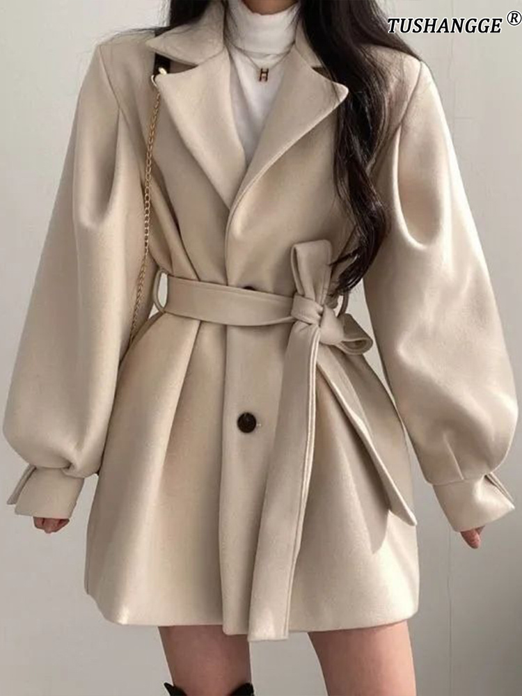 Плащ Женский TUSHANGGE абрикосовый Длинный лацканы Шнуровка тренчкот, размер 54 Политекс Китай ...