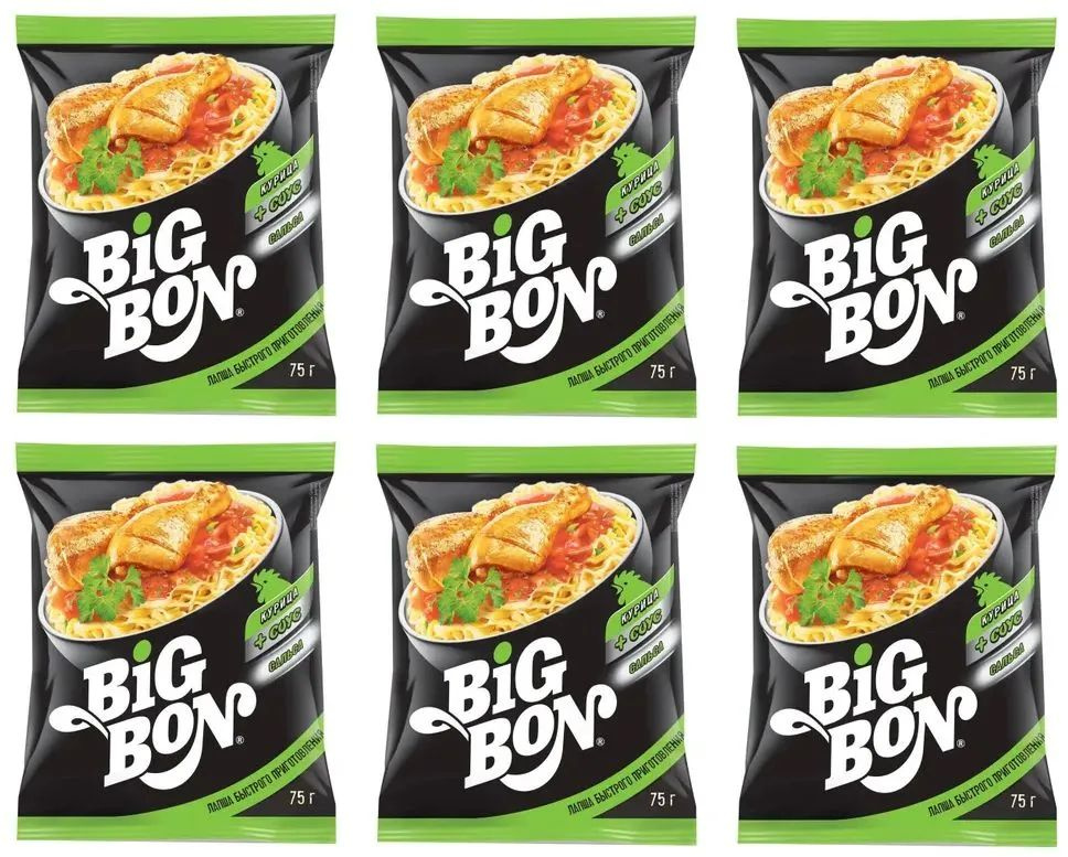 Лапша быстрого приготовления BIG BON куриная + соус сальса 75 г - 6 ...