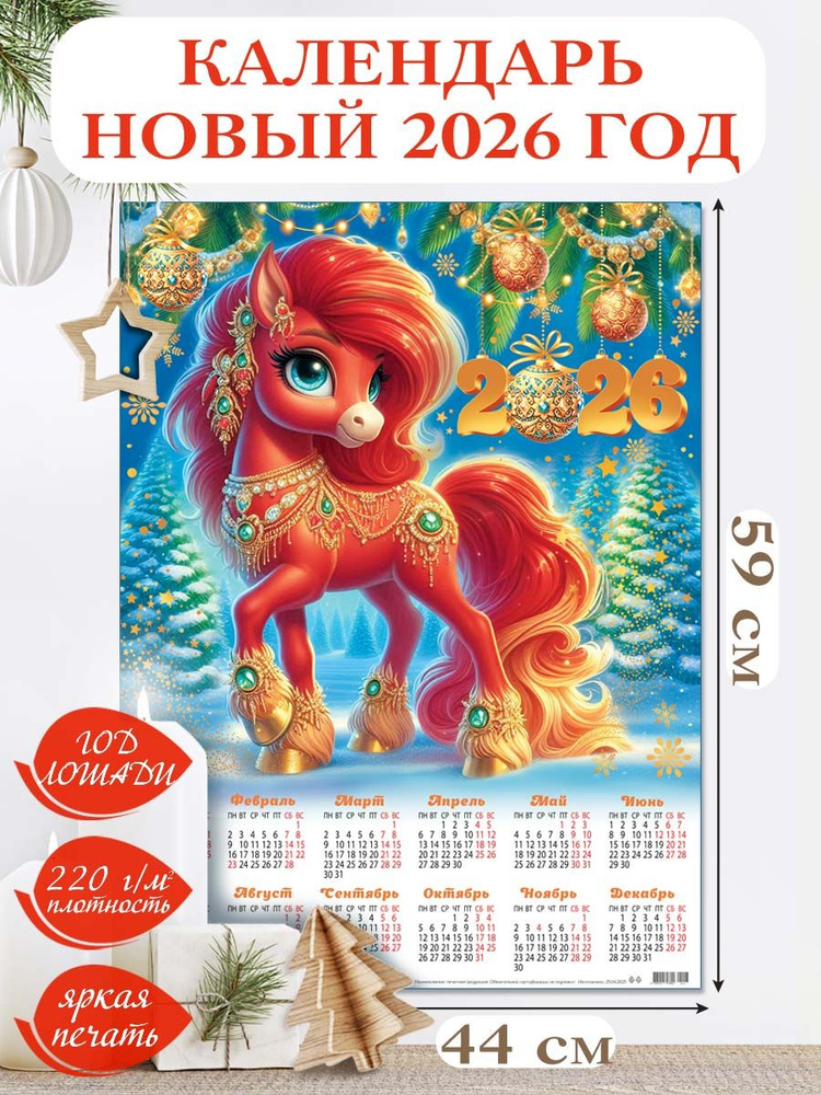 Календарь 2026 настенный на год Лошади, Лошадь Символ года (44x59 см ...