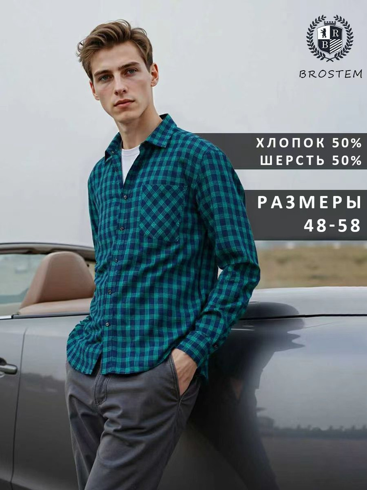 Рубашка Мужской Brostem французский синий Длинный Клетка, Разноцветный, размер 58 прямой ...