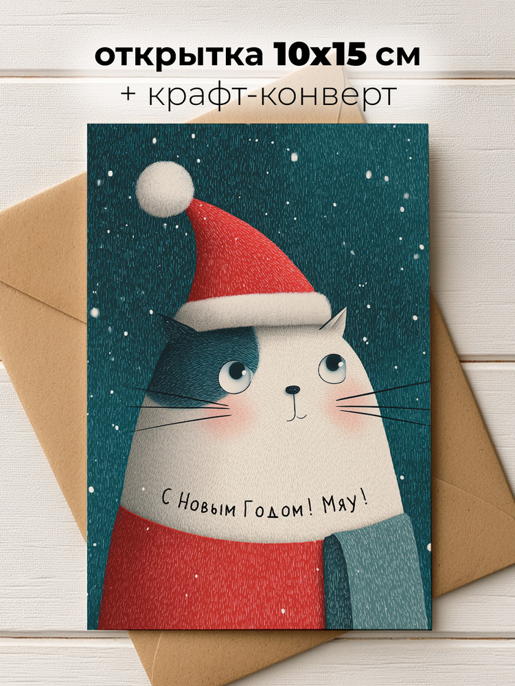 Открытка Soaha новогодняя поздравительная с котиком "С Новым годом! Мяу ...