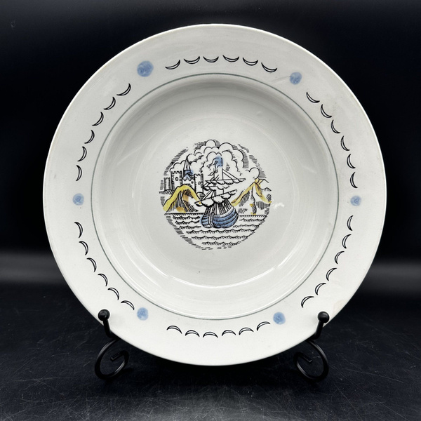 Тарелка винтажная глубокая с декором Корабль, фаянс, деколь, Конаковский фаянсовый завод им. М.И ...