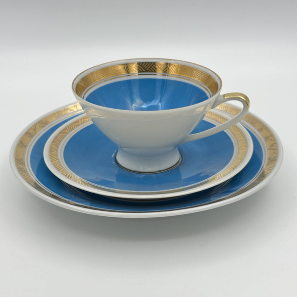 Чайное трио с геометрическим орнаментом, мануфатура WORKS GEHREN, фарфор, крытьё, золочение, ГДР ...