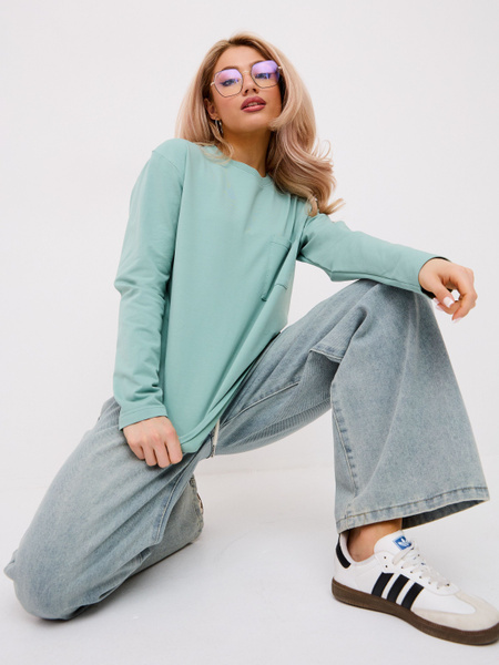 Лонгслив Женский Avese зеленый Длинный, размер 54 Хлопок, Футер двухнитка Карманы Туризм ...