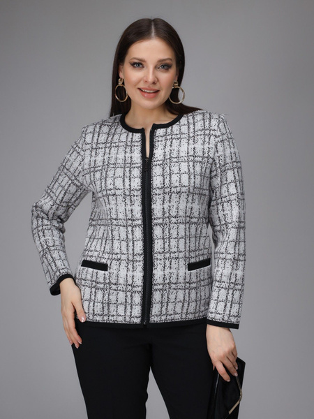 Жакет Женский BONADI черный, белый Трикотаж, размер 56 полуприлегающий Длинный жакет-"шанель ...