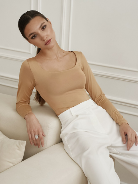 Боди Женский Noare бежевый, телесный Длинный, размер 46 Кнопки Хлопок, Полиэстер Однотонный ...