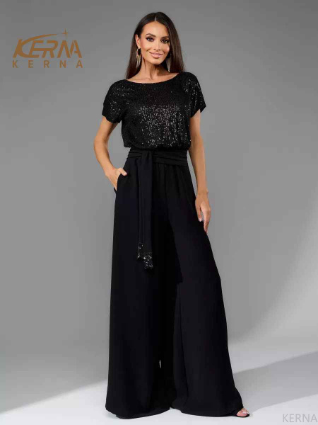 Комбинезон Женский KERNA, размер 42, рост 160-180 черный На любой сезон Декольте, Кристаллы с ...