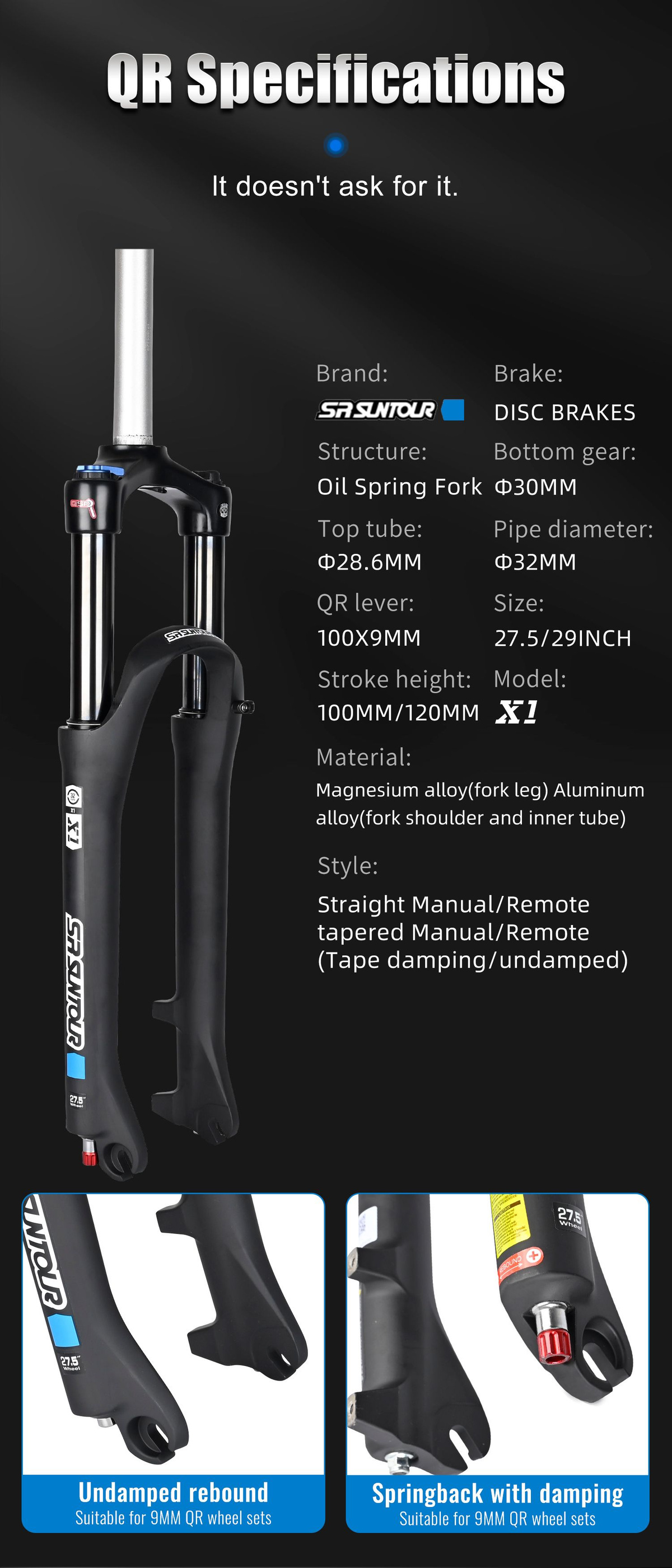 SR SUNTOUR X1 XCR Вилка для горного велосипеда с подвеской, ход 120 мм, QR 100x9 или BOOST ...