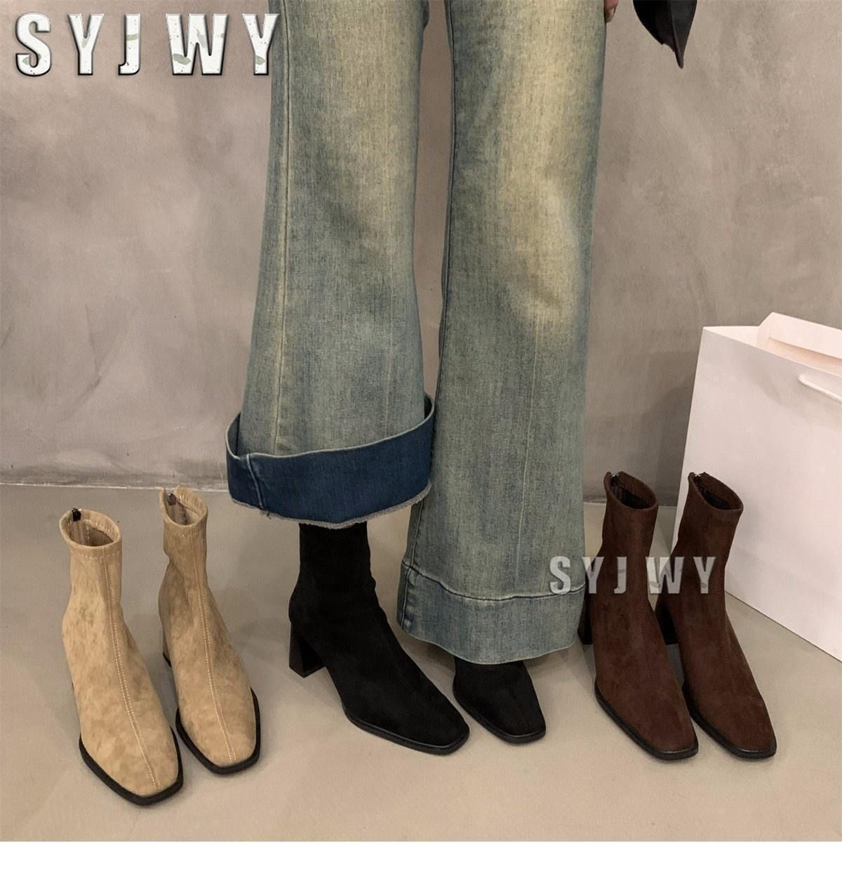 Сапоги Женский SYJWY полусапоги, размер 37 средне-серый На любой сезон Толстый каблук Молния ...