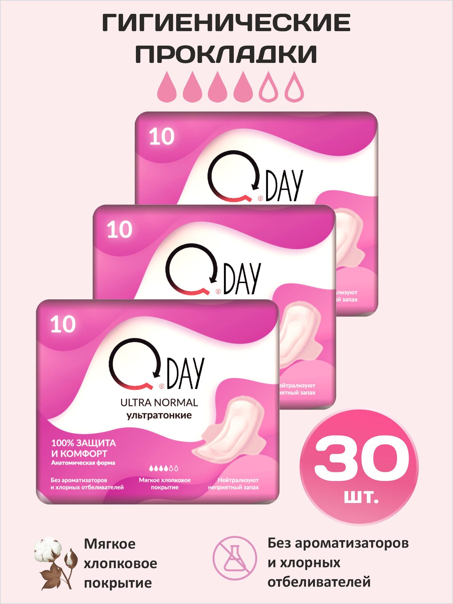 Прокладки женские гигиенические Qday Ultra Normal, 30 шт., 3 упаковки ...