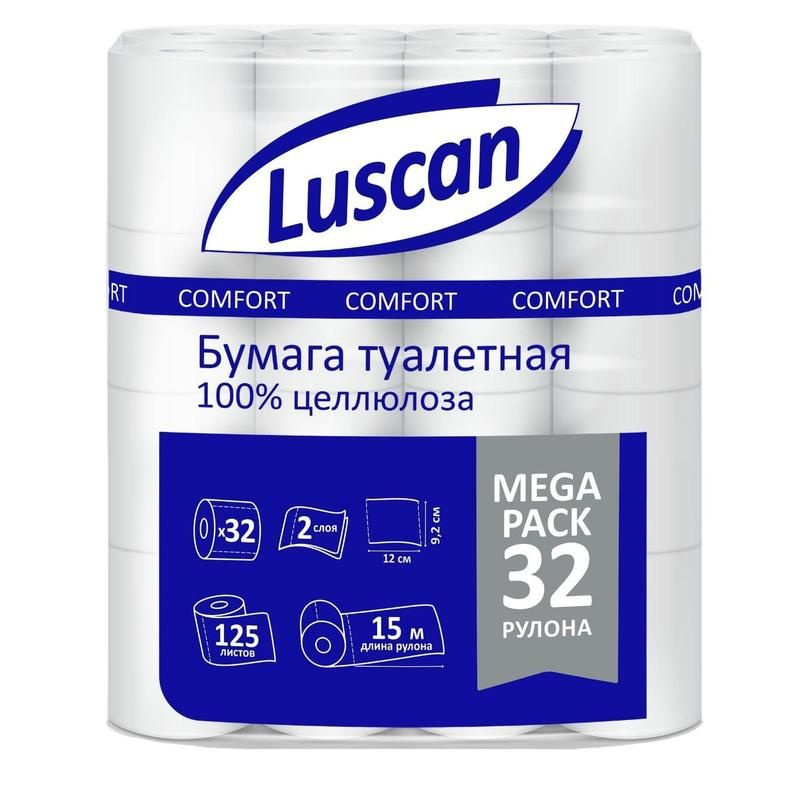 Туалетная бумага Luscan "Comfort", Megapack, 2 слоя, белая, 100% целлюлоза, 15 м, 125 листов, 32 ...