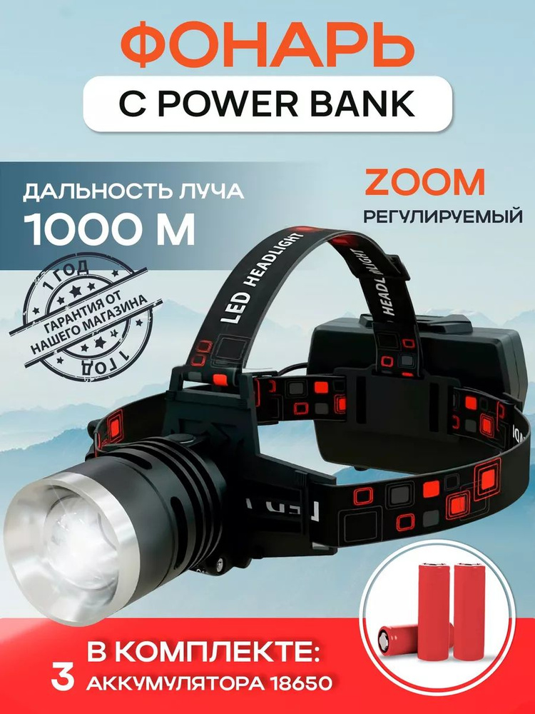Фонарь налобный аккумуляторный RSG / Фонарик светодиодный мощный с zoom ...
