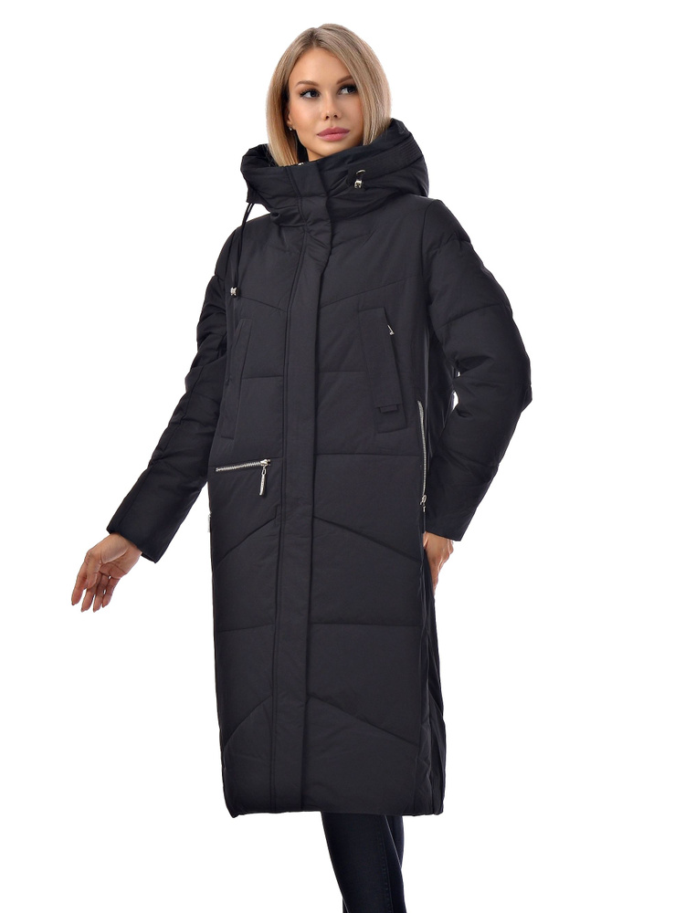 Пальто Женский ENYI Карманы черный капюшон Полиэстер Длинный Холлофайбер, размер 42 прямой Зима ...