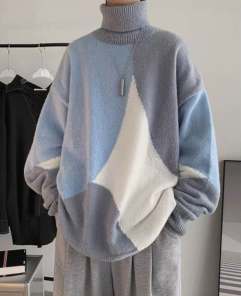 Свитер Мужской SYJWY голубой Трикотаж, размер 48 Без застежки Воротник, Манжеты облегающий ...