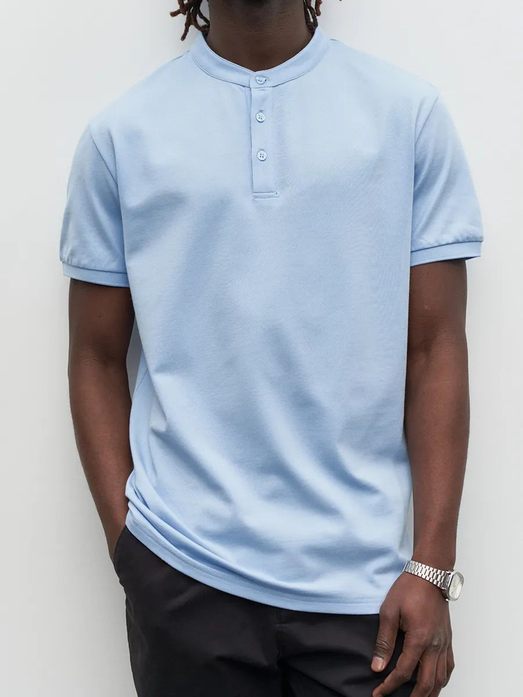 Поло Мужской FLOW LAB голубой Короткий, размер 44, 46 Хлопок, Полиэстер Однотонный прямой ...