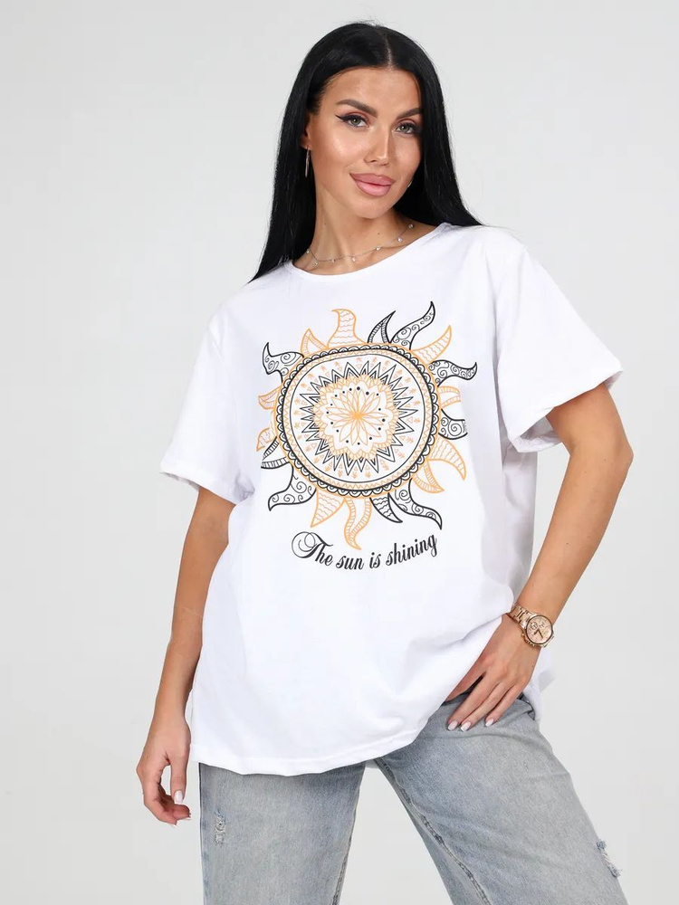 Футболка Женский Seffo белый, желтый Короткий, размер 60 Кулирная гладь ...