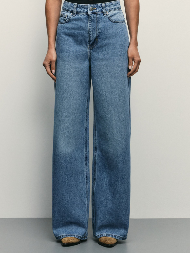 Джинсы Женский Zarina голубой меланж широкие Хлопок, размер 44 свободный Молния Высокая Карманы ...