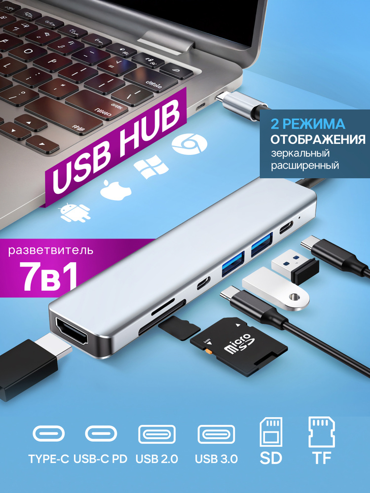 USB HUB type-c 7в1 / USB разветвитель hdmi / usb концентратор купить на OZON по низкой цене ...
