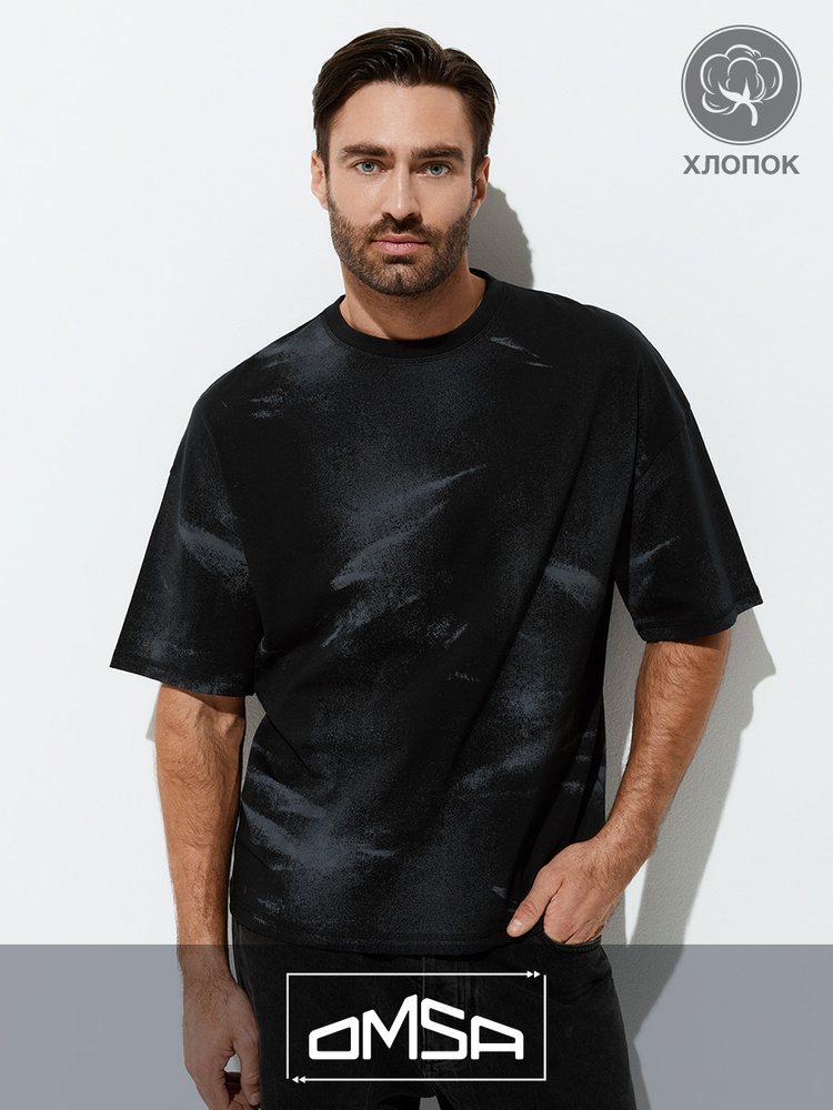 Футболка Мужской Omsa черный Короткий, размер 52, 54 Хлопок оверсайз Повседневный Узбекистан ...