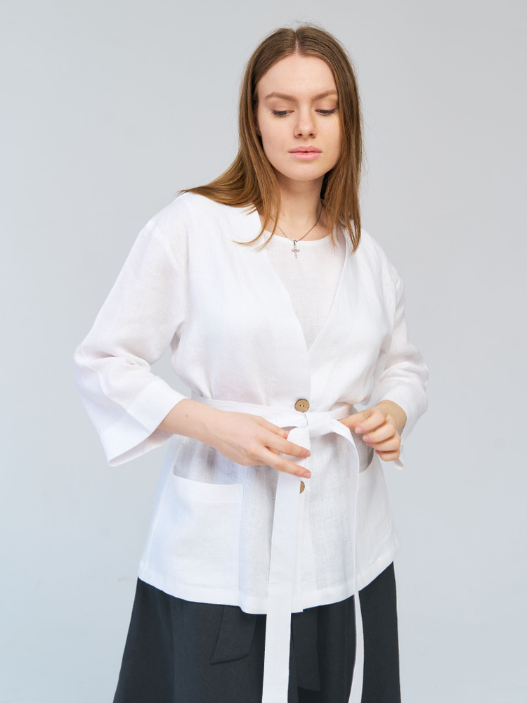 Жакет Женский TRANGO белый Лен, размер 48 прямой Три четверти однобортный Пуговицы Однотонный ...