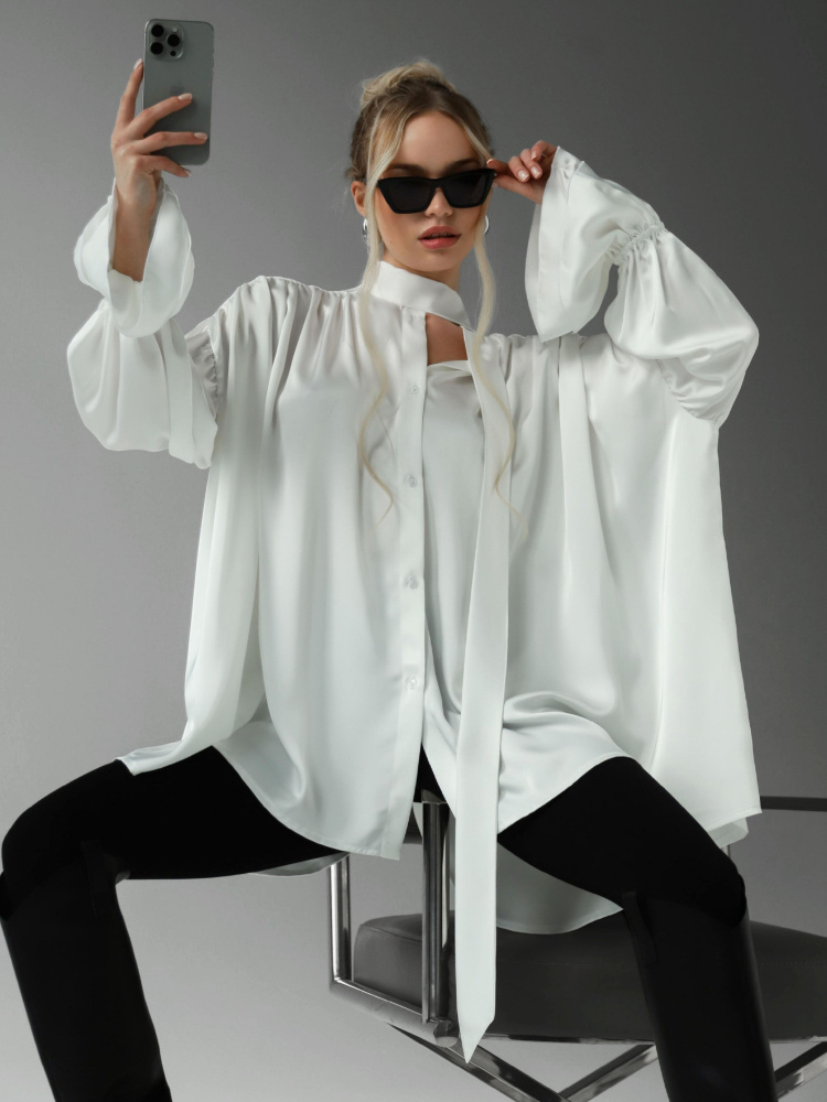 Блузка Женский Your mini secret белый Искусственный шелк Декоративные пуговицы Длинный ...