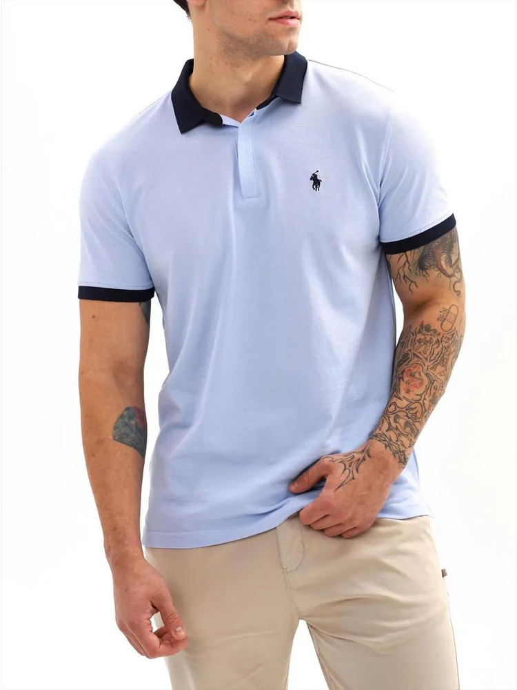 Поло Мужской FLOW LAB светло-голубой Короткий, размер 50, 52 Хлопок, Спандекс Однотонный ...