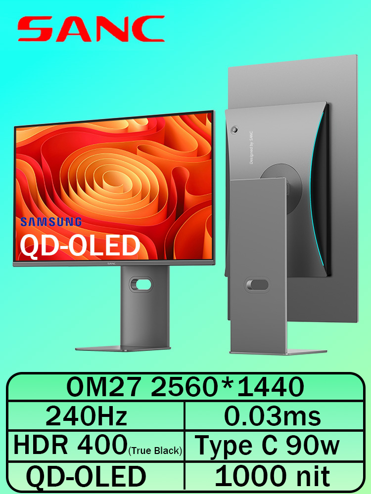 SANC 26.5" Монитор OM27 QD-OLED 240Hz 0.03ms GTG HDR 400(true black) Type-C 90W, серый металлик ...
