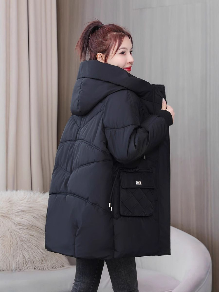 Куртка Женский ZinBee Карманы, Капюшон черный лацканы Политекс, размер 48 Длинный Зима свободный ...