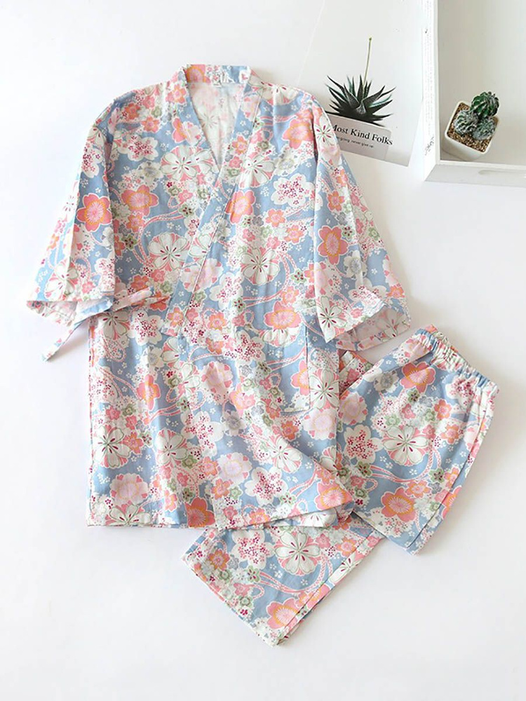 Комплект одежды Женский SYJWY сине-серый, размер 44 Хлопок Цветочный Воротник, Манжеты Китай На ...