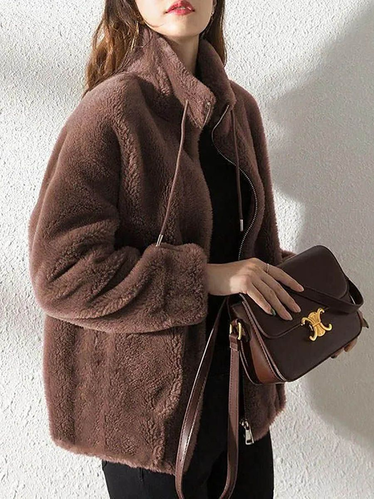 Куртка Женский SYJWY Бахрома коричневый лацканы Лавсан, размер 42 Длинный Еврозима облегающий ...