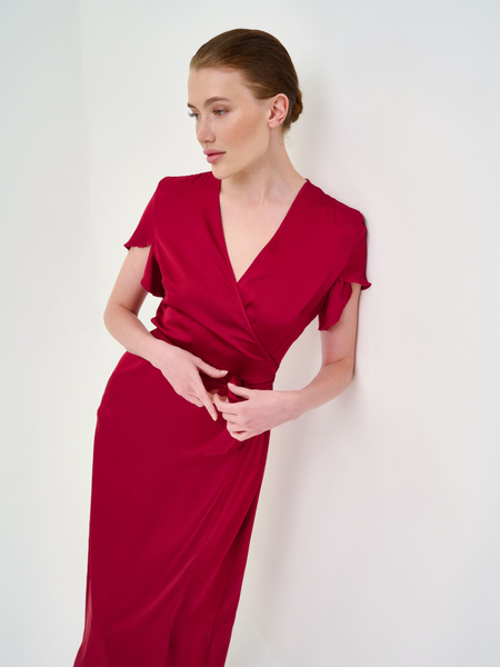 Халат Женский Angela by Spirina Домашний Декольте, Необработанный край бордовый Завязки, Пояс ...