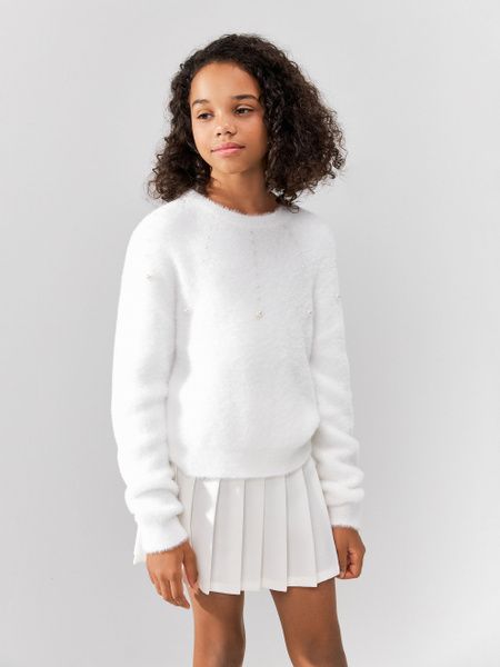 Джемпер Девочки Acoola белый Трикотаж, размер 104 Жемчуг искусственный свободный Длинный ...