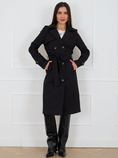 Плащ Женский SLN глубокий черный Средний Пояс/ремень, Воротник, размер 42, 44 Хлопок, Вискоза ...