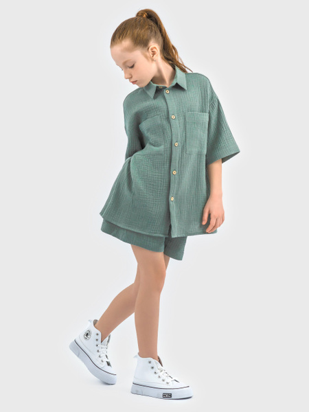 Комплект одежды Девочки Valini Повседневный с шортами оливковый, размер 140 Муслин, Хлопок ...