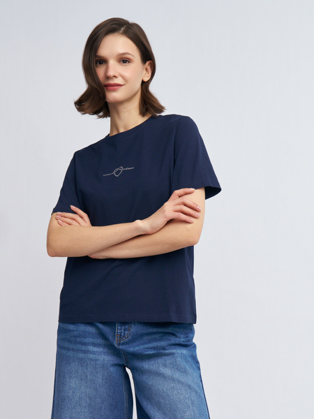 Футболка Женский Zolla темно-синий Короткий, размер 52 Хлопок, Эластан Повседневный Бангладеш ...