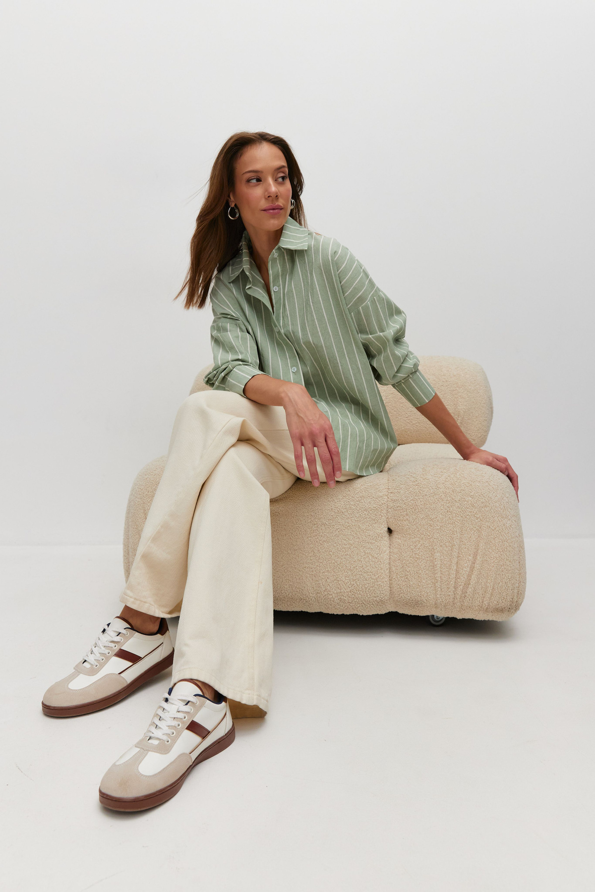 Рубашка Женский белый зеленый Длинный Хлопок Полоска размер 44 46 Пуговицы Китай рост 164