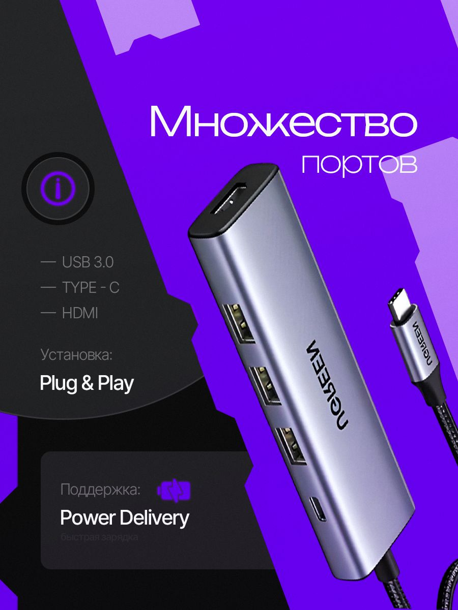 USB HUB с Type-C UGREEN CM511 (15596), USB-C+PD, HDMI, 3*USB 3.0, серый. HUB Разветвитель купить ...