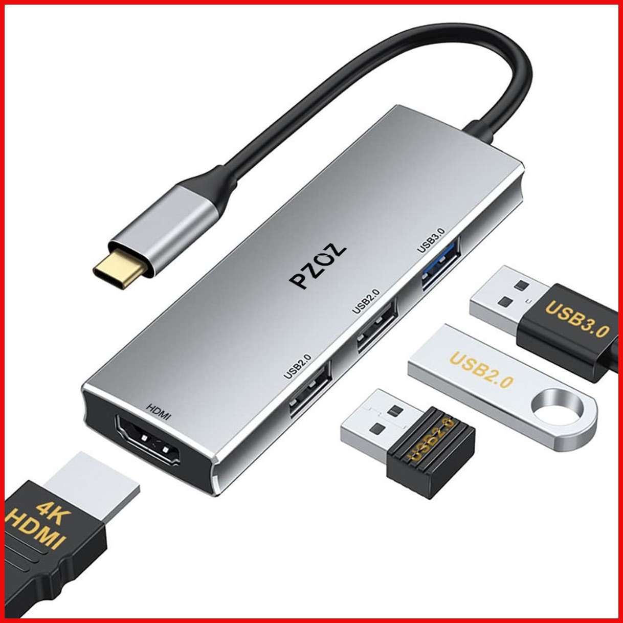 USB C Hub HDMI Adapter, USB C to USB Hub PZOZ USB C Dongle 4 в 1 Type C ...