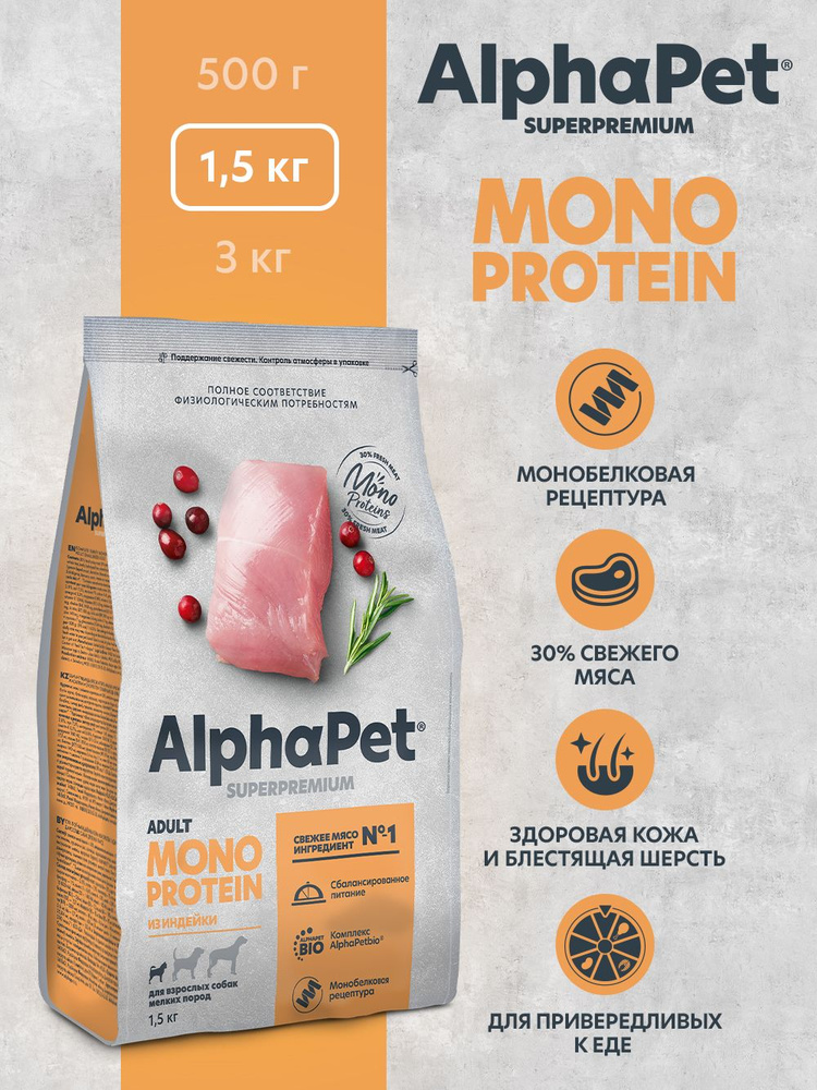 Сухой корм ALPHAPET SUPERPREMIUM MONOPROTEIN 1,5 кг для взрослых собак мелких пород с индейкой ...