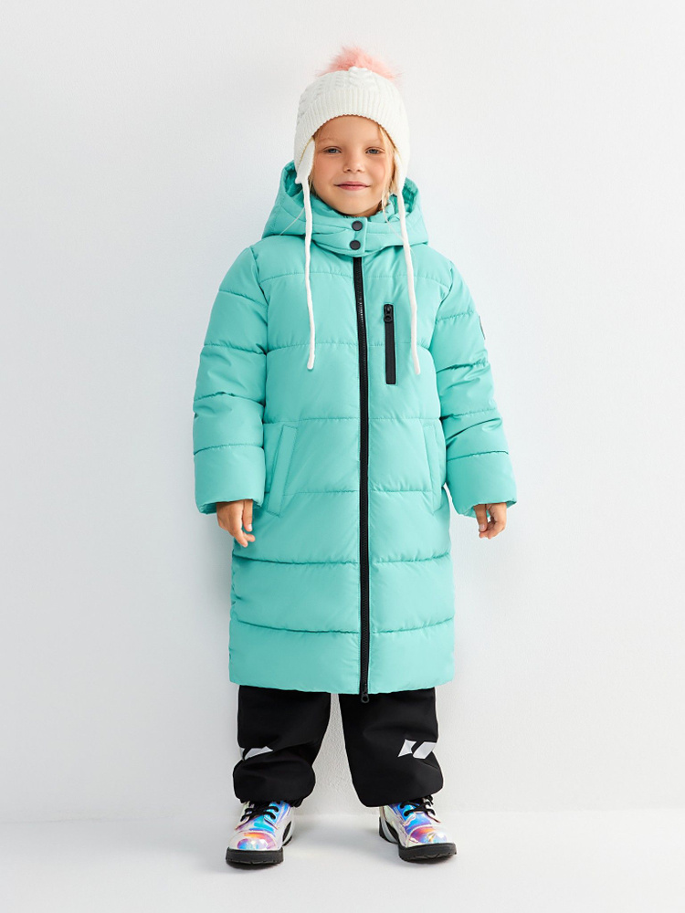 Пальто Девочки Acoola бирюзовый Длинный Синтепух, размер 134 прямой Демисезон Молния утепленное ...