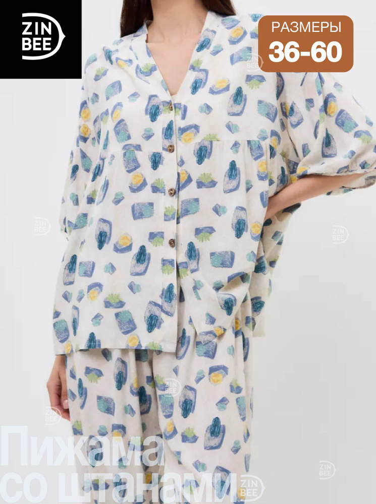 Пижама Женский ZinBee Вискоза, размер 54, 56 Разноцветный, Цветочный синяя волна Три четверти ...