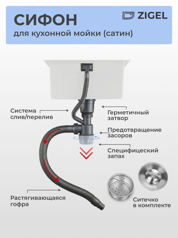 Сифон ZIGEL сливной для кухонной мойки 110/90 мм, Сатин купить на OZON ...
