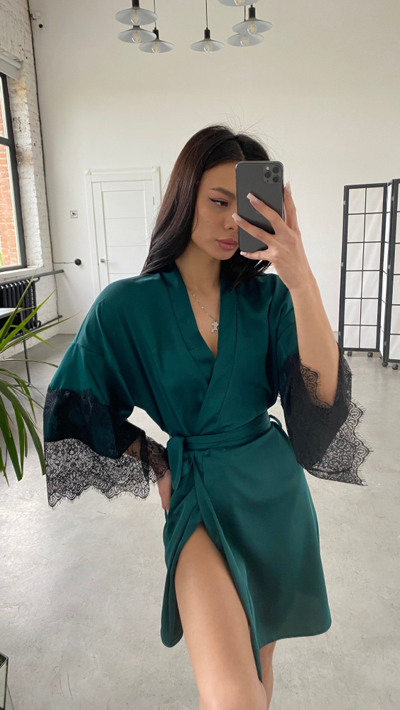 Халат Женский Kira Vitaly Домашний изумрудный, темно-зеленый Завязки, Пояс Искусственный шелк ...