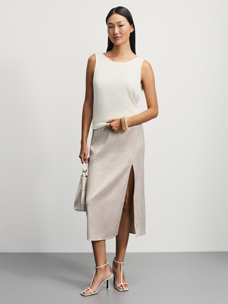 Юбка Женский Zarina бежевый Полиэстер прямая, размер 46 Молния Миди Разрезы Горох Демисезон ...