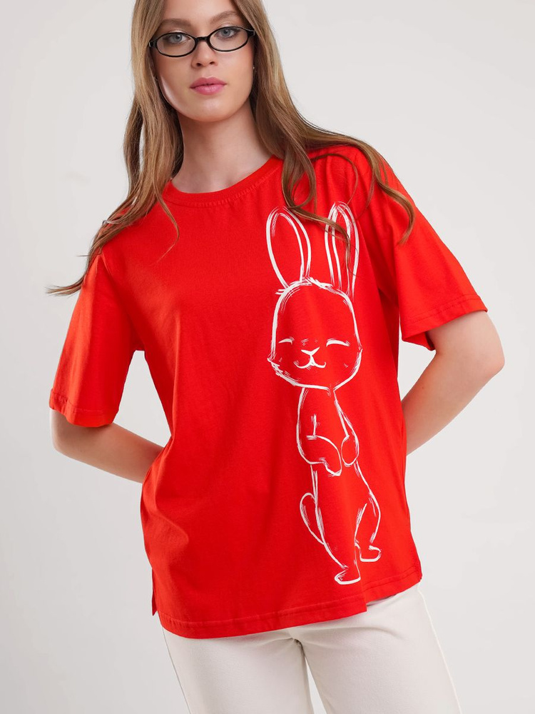 Футболка CLEVER WEAR, женская, оверсайз, красная, Россия, хлопковая, с ...